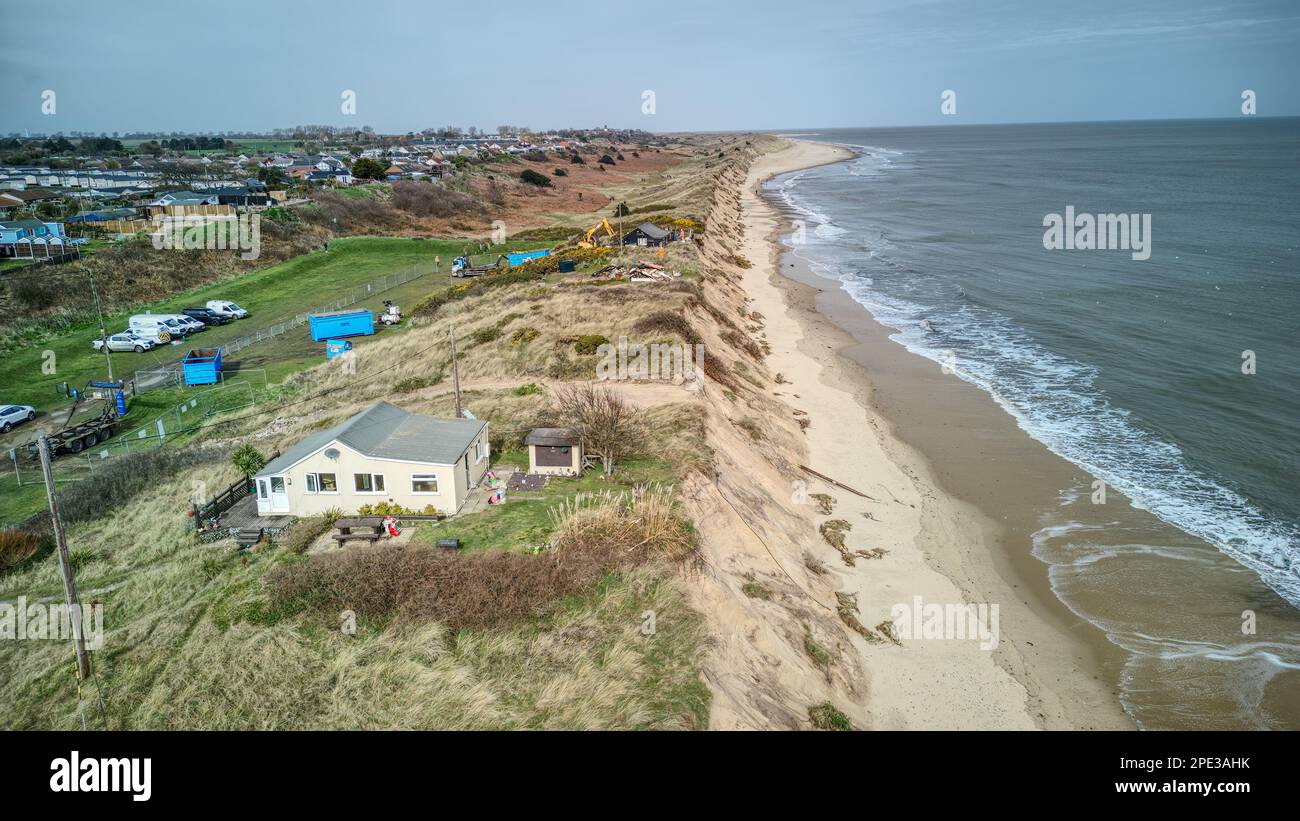 12. märz 2023 Hemsby Beach, Norfolk. Die Erosion des Strandes in Hemsby wird immer kritischer ...