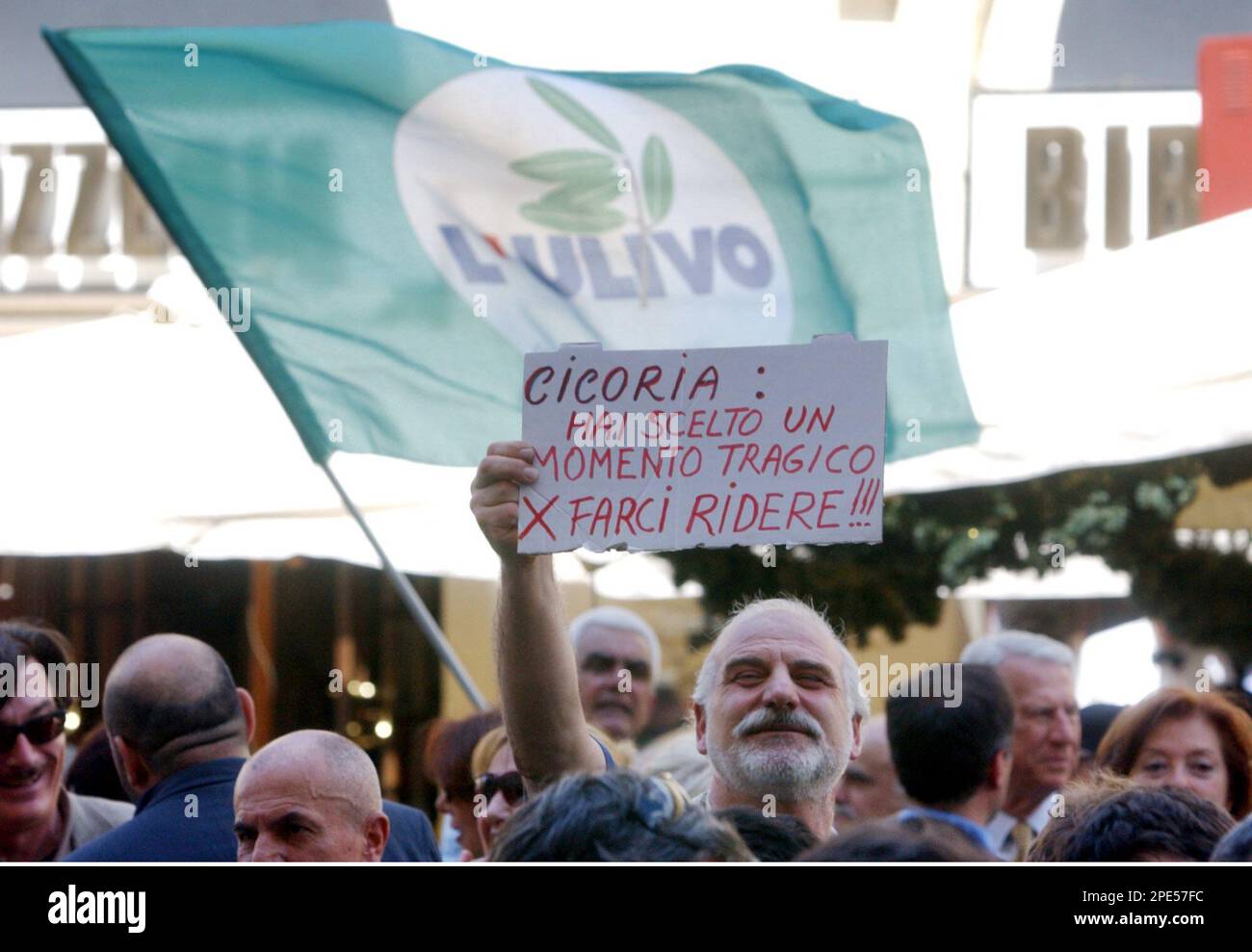 A sign addressed at Italian Margherita Daisy party president Francesco ...