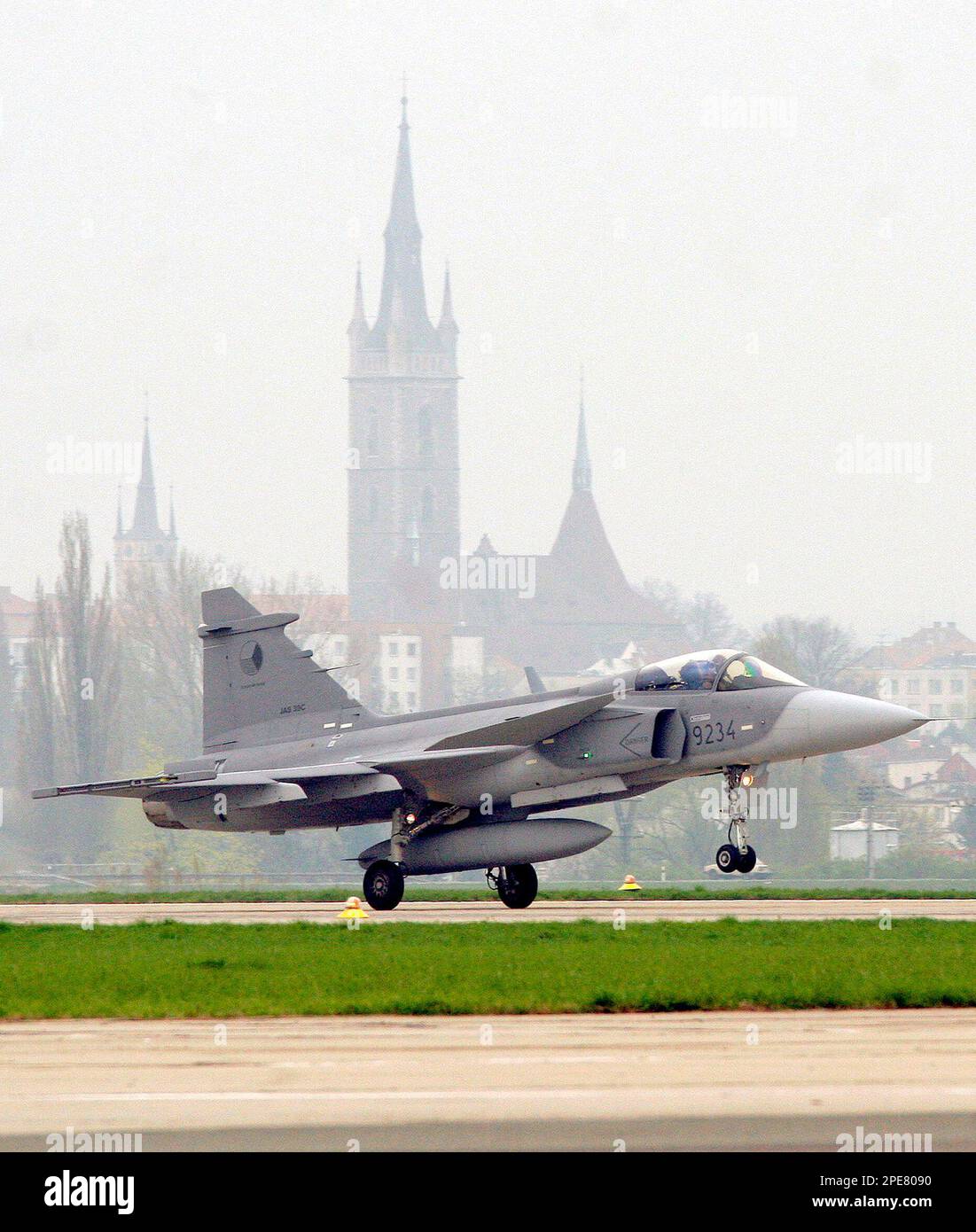 Supersonic JAS-39 Gripen Jet Fighter landing at an air base in Caslav ...