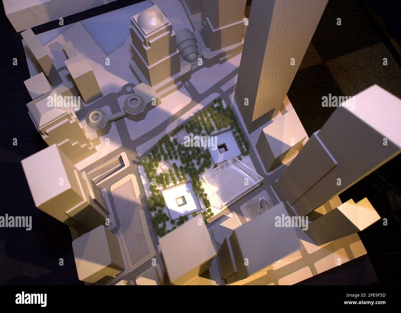 An overhead view of the World Trade Center Memorial Foundation model's ...