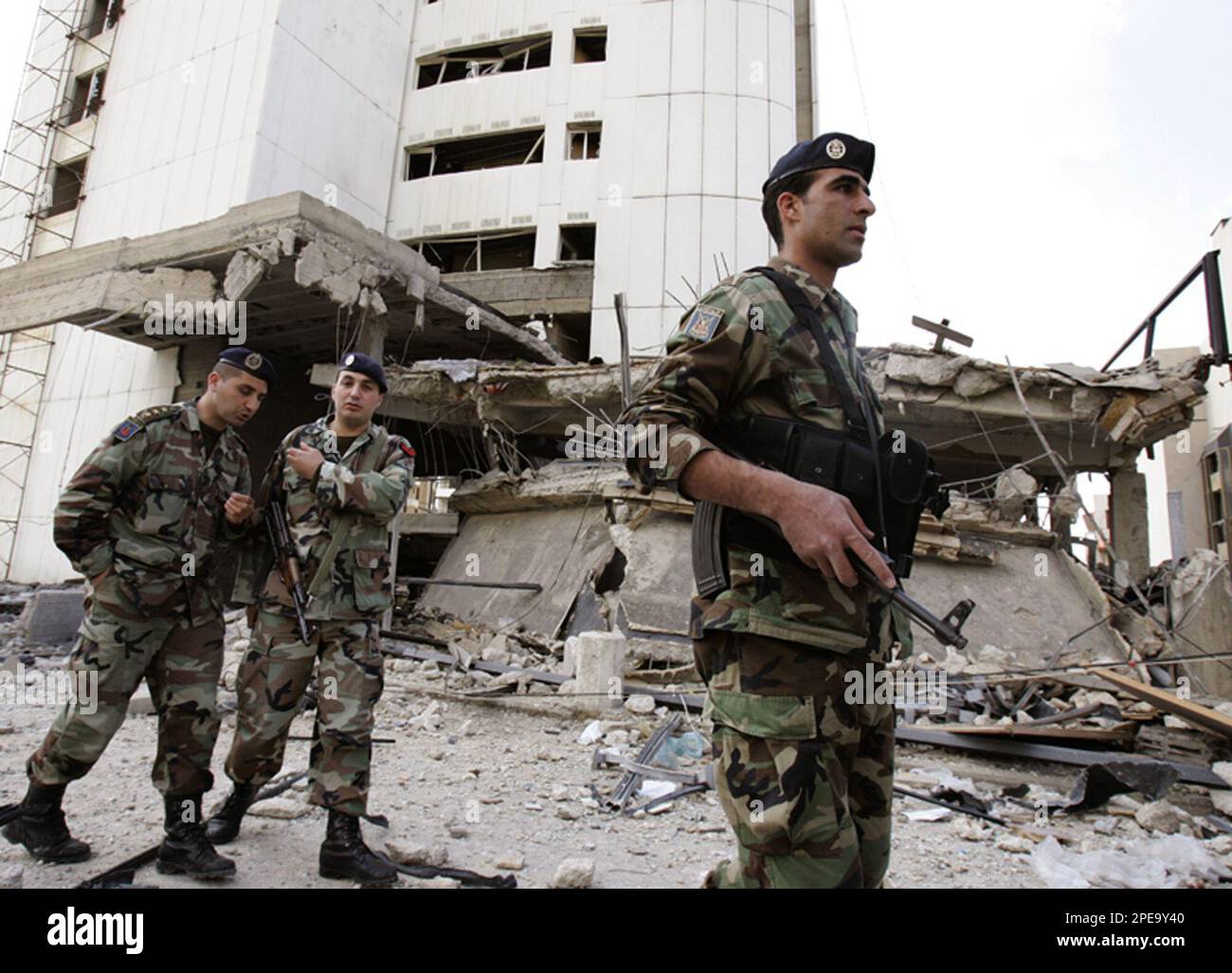 Lebanese soldiers guard at the bomb site at the Alta Vista center in ...