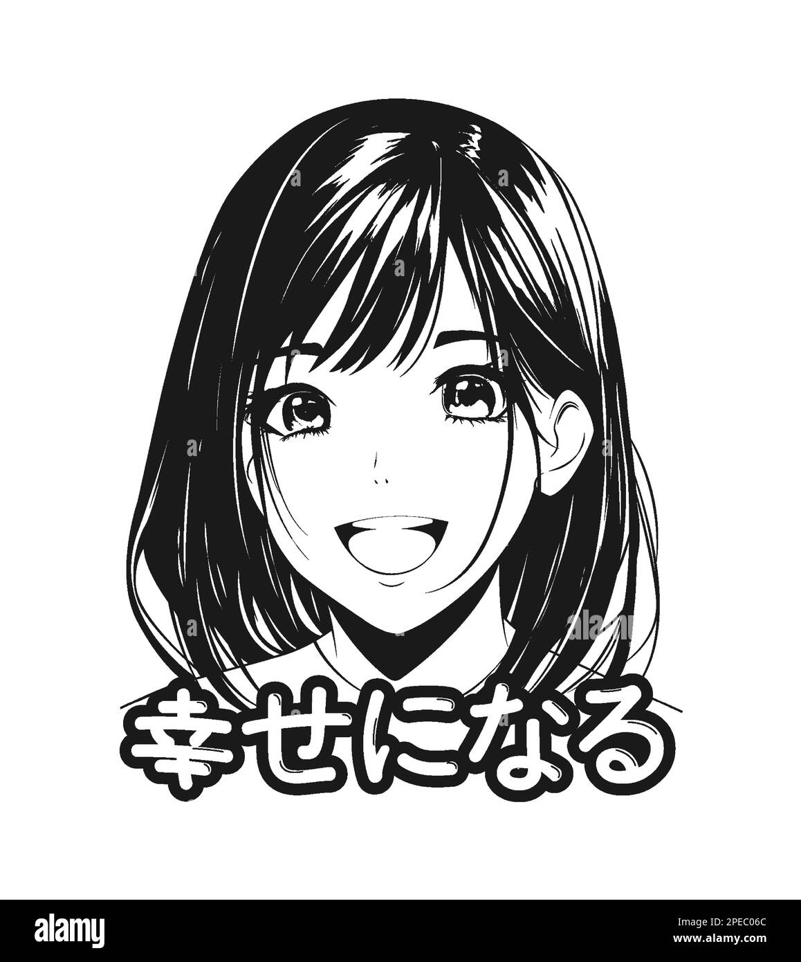 Happy Anime Girl im Manga-Stil, schwarz-weiß-Illustration Stock ...