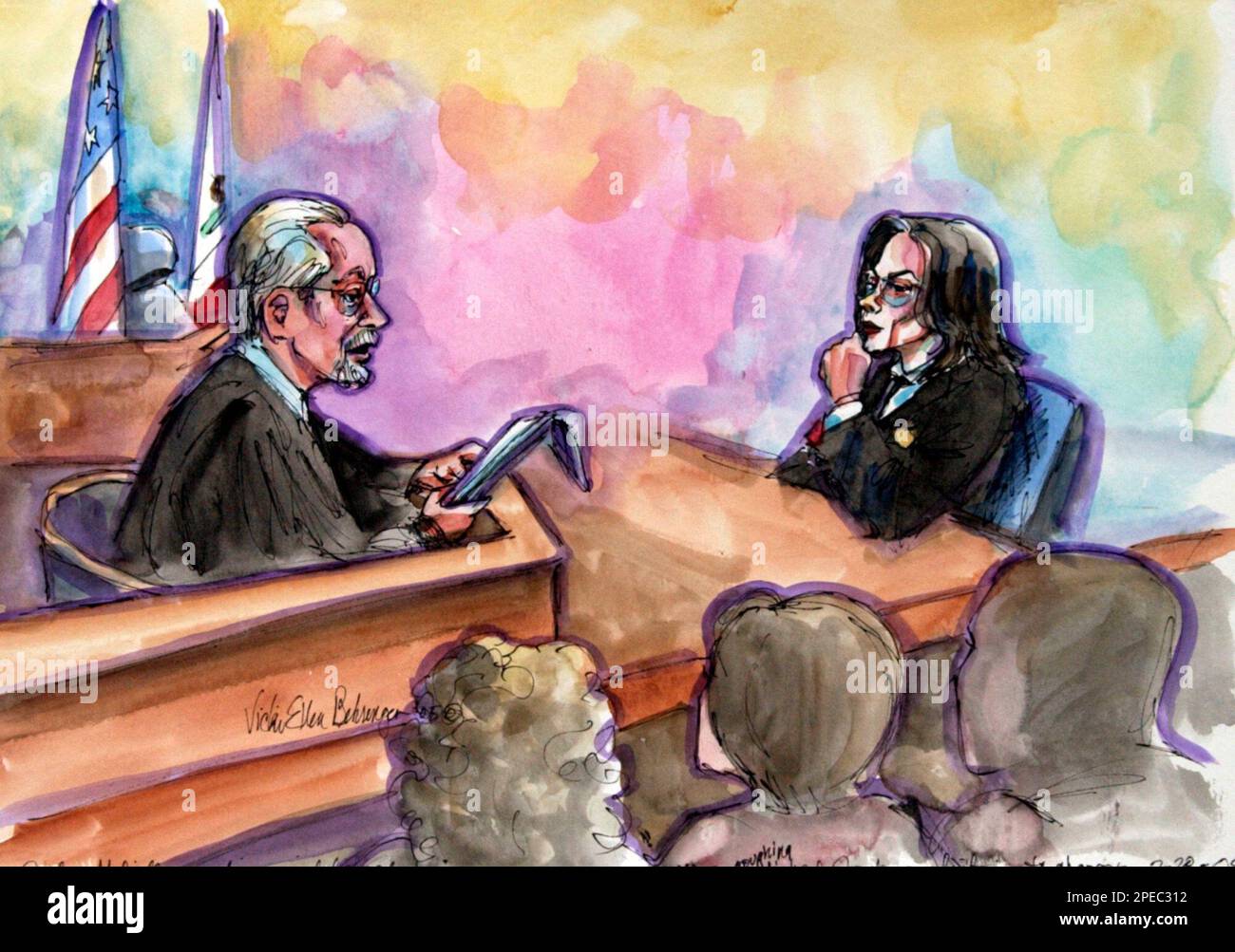 This artist rendering shows Michael Jackson, right, seated in court ...