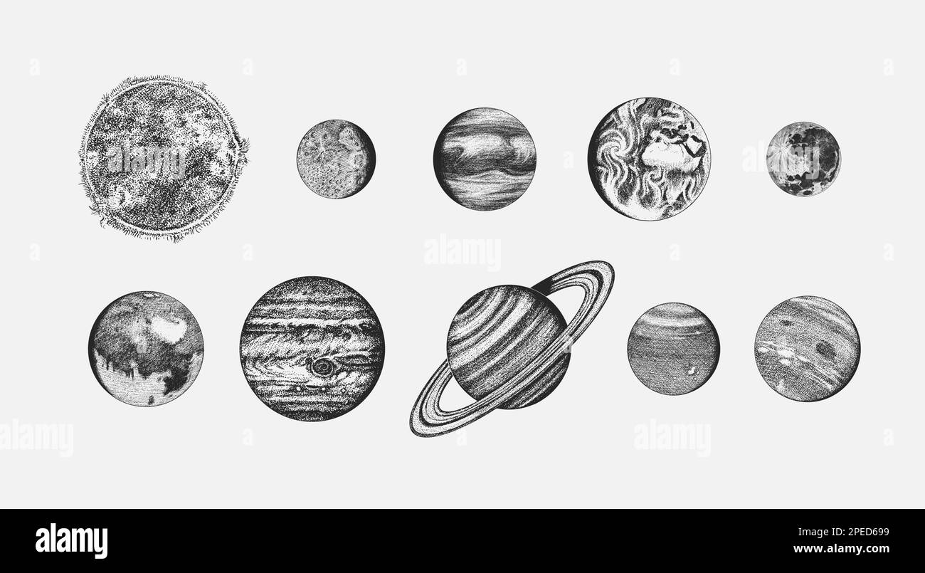 Planeten im Sonnensystem. Mond und Sonne, Quecksilber und Erde, mars ...