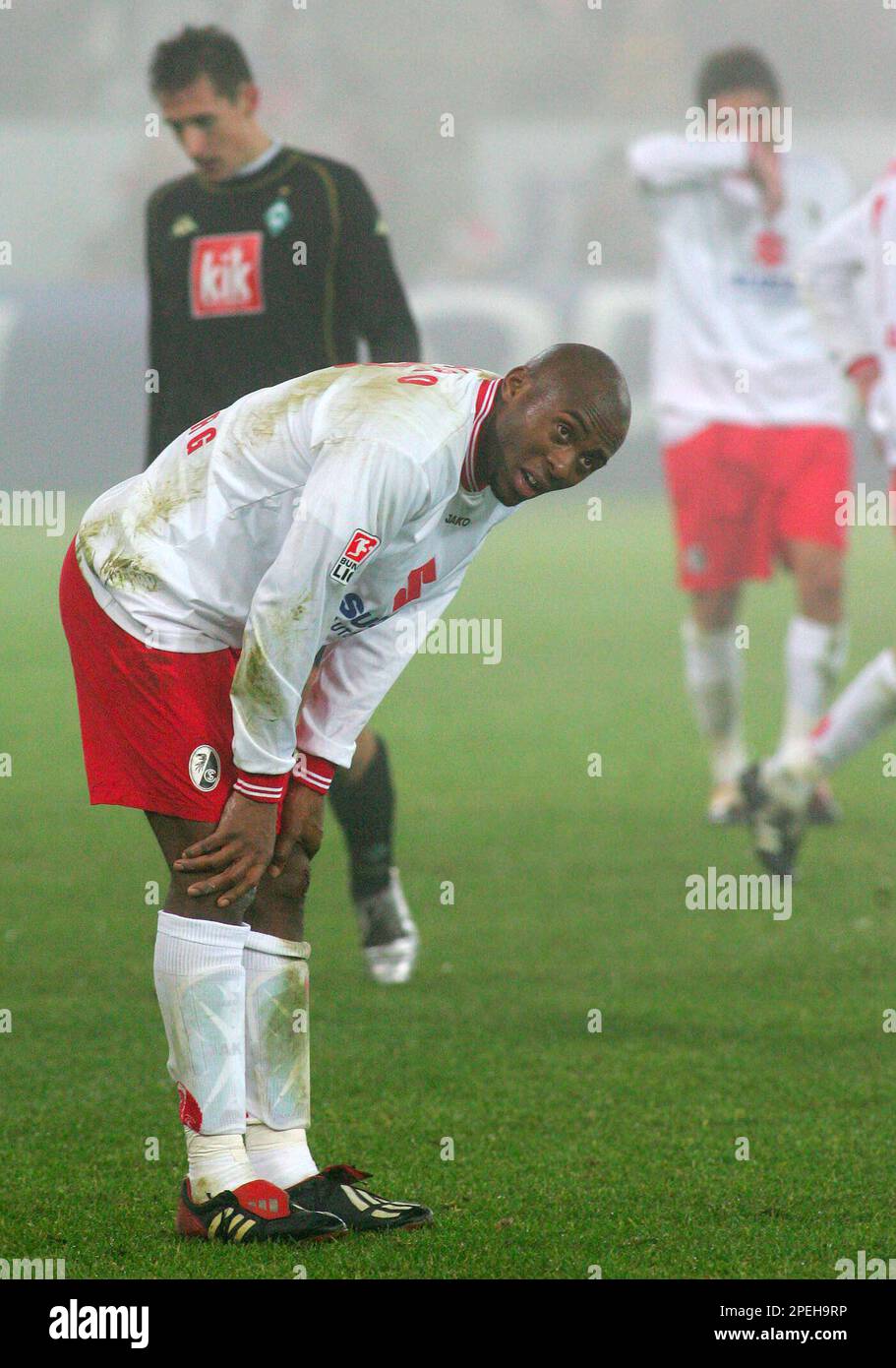 Freiburgs Ellery Cairo from the Netherlands stands dissappointed on the ...
