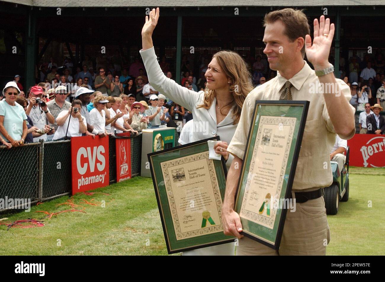 Steffi Graf, left, of Germany and Stefan Edberg, right, of Sweden wave ...