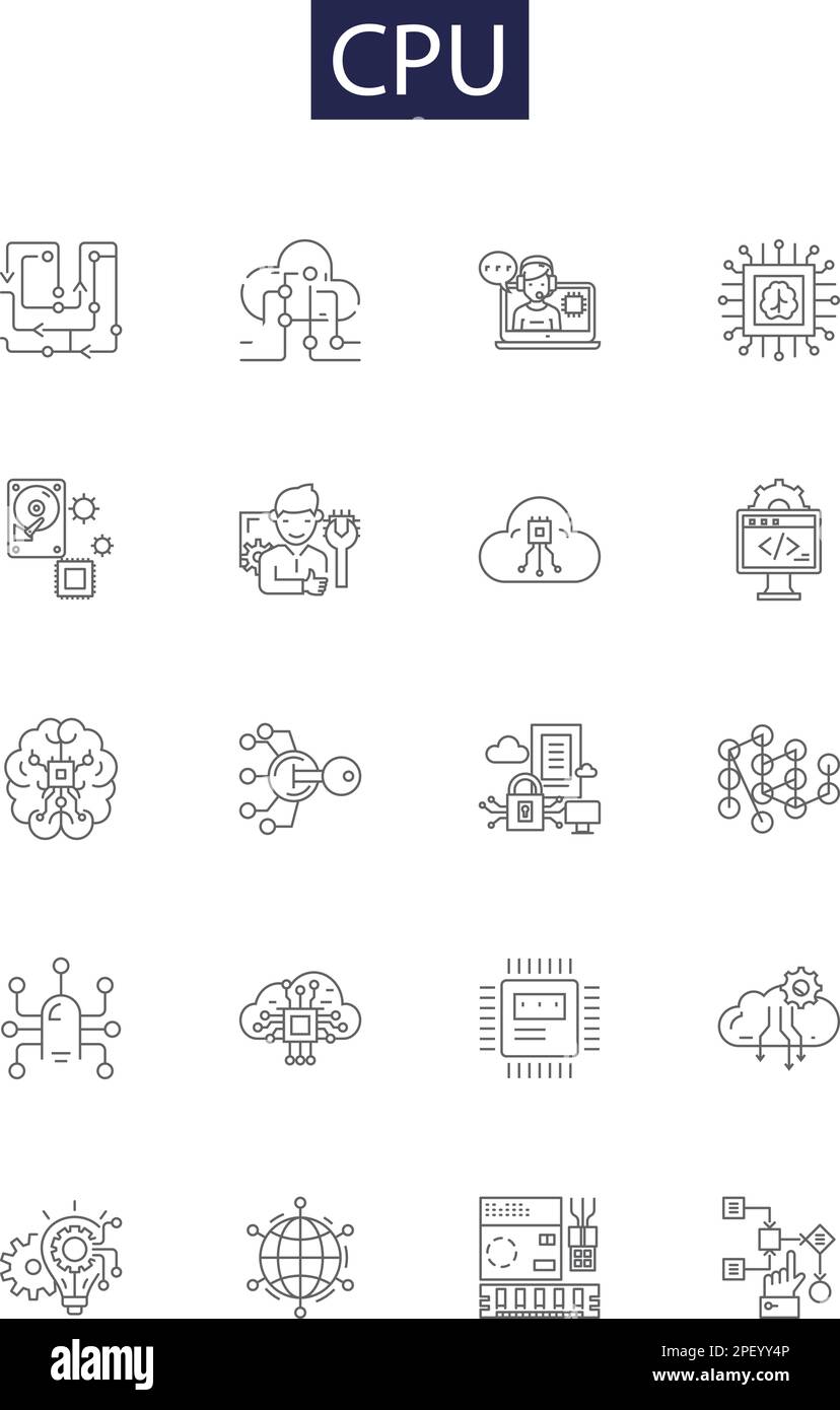 Symbole und Zeichen für CPU-Linienvektoren. CPU, Core, Central, Unit, Control, Takt, Berechnung ...