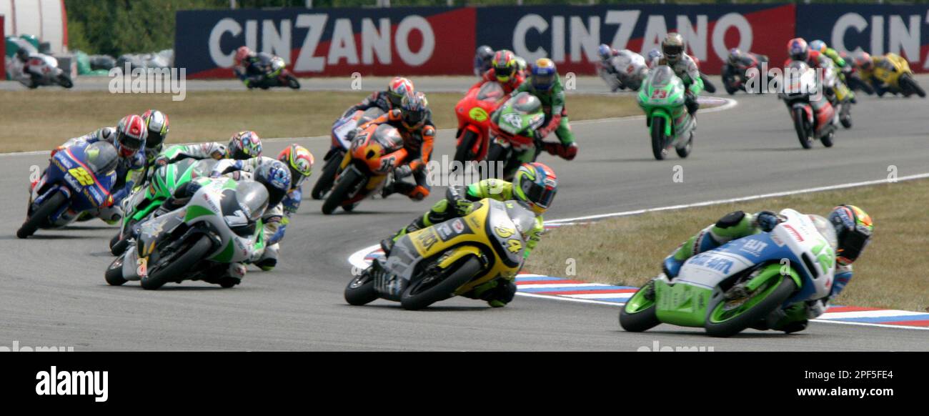 125cc rider Thomas Luthi leads from Switzerland leads a pack of riders ...