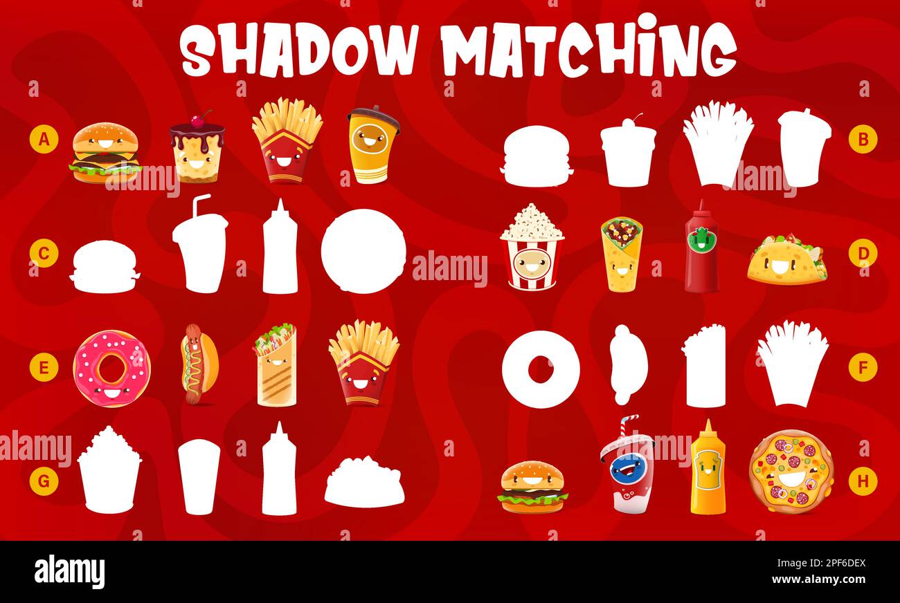 Shadow Match Game, lustige Cartoon-Charaktere zum Mitnehmen, Fast Food ...