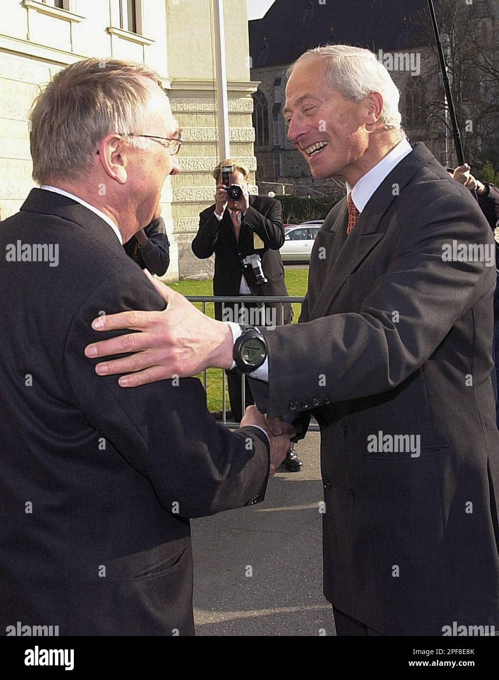 Liechtenstein's Prince Hans-Adam II, right, is congratulated by Klaus ...