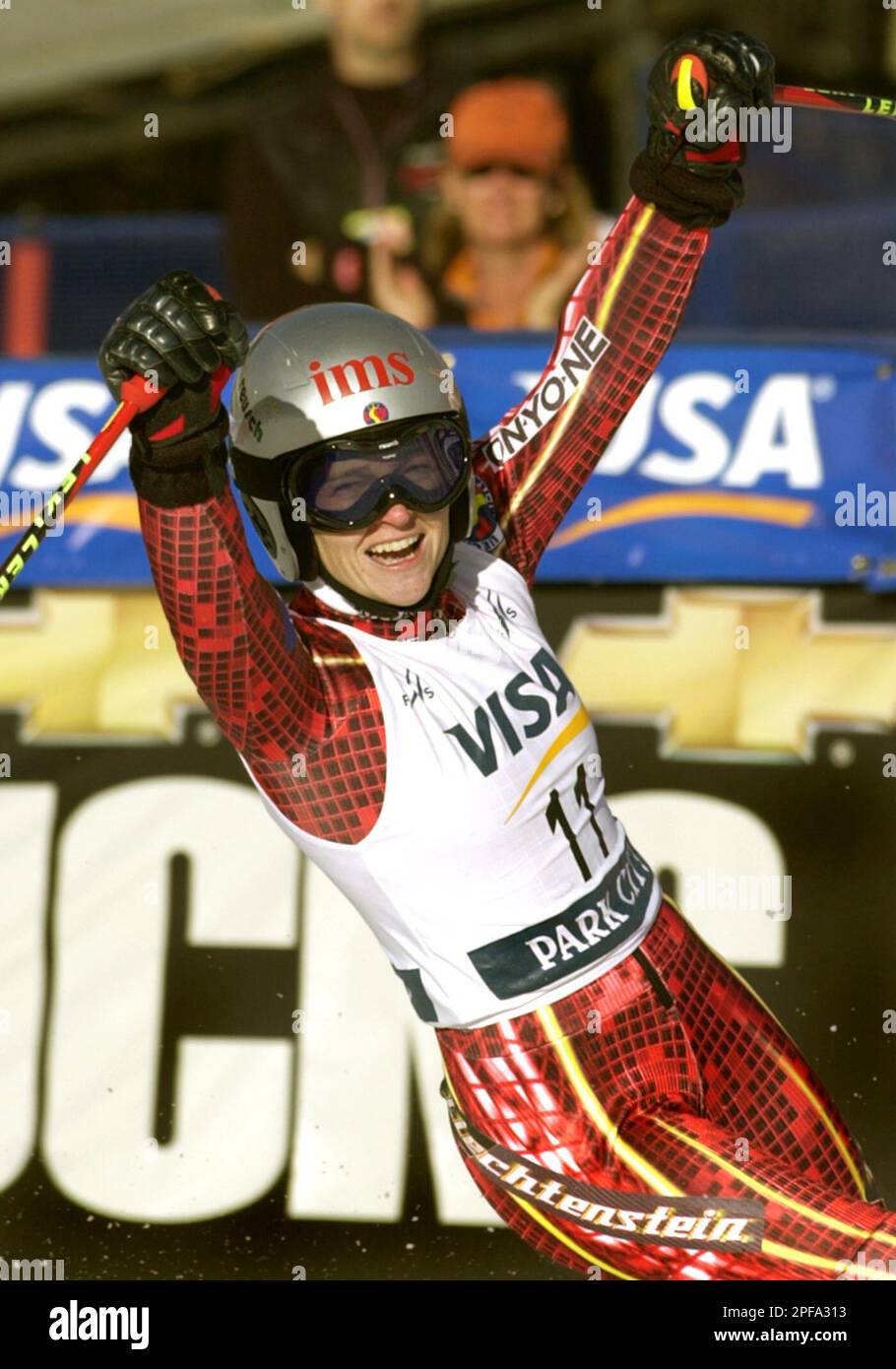 Liechtenstein's Birgit Heeb-Batliner reacts after finishing the second run of the America's ...