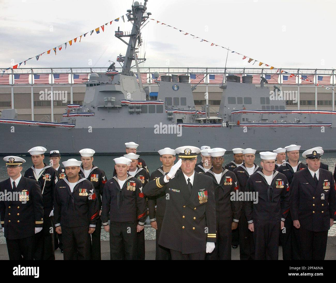 Officers and crewmen of the U.S. Navy's newest warship, the USS Preble ...