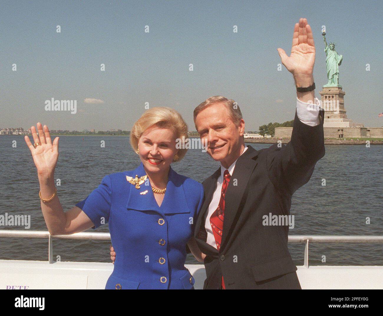 California Gov. Pete Wilson and his wife Gayle wave as they pass the ...
