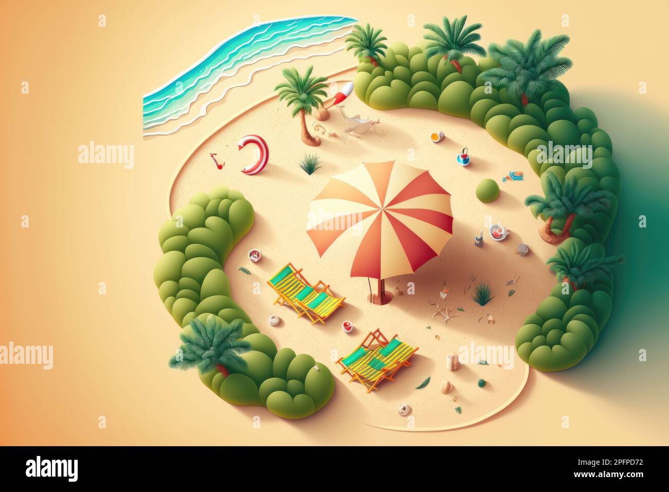 Abbildung zeigt eine Draufsicht einer Strandszene, die das Wesen eines perfekten Sommerurlaubs ...