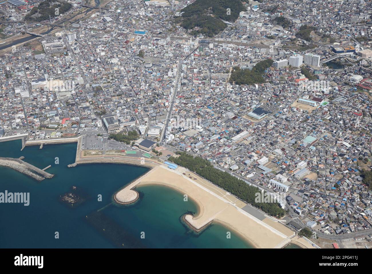 An aerial photo shows Tanabe city in Wakayama Prefecture where it is ...