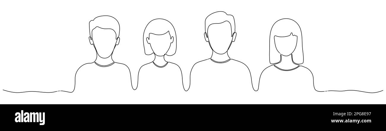 Durchgehende Linienzeichnung einer Gruppe von Personen. Männer und ...