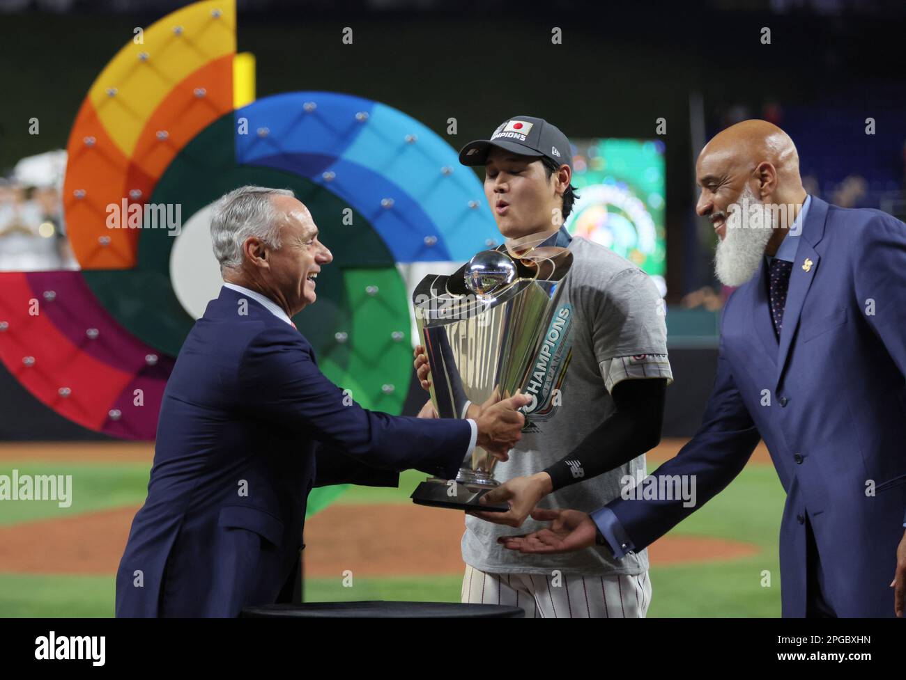 Japan's Shohei Ohtani receives a trophy after winning the World Baseball Classic (WBC) final ...