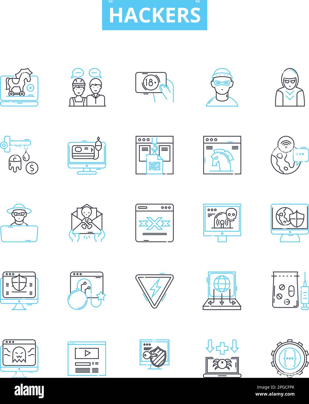 Symbole für Hacker-Vektorlinien gesetzt. Hacking, Cracker, Malware, Virus, Exploit, Phishing ...