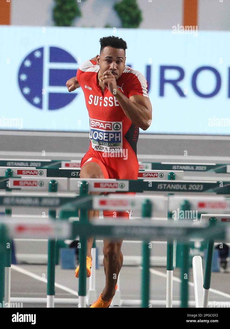 Jason JOSEPH aus der Schweiz 60m Hurdles Men Heat während der European ...