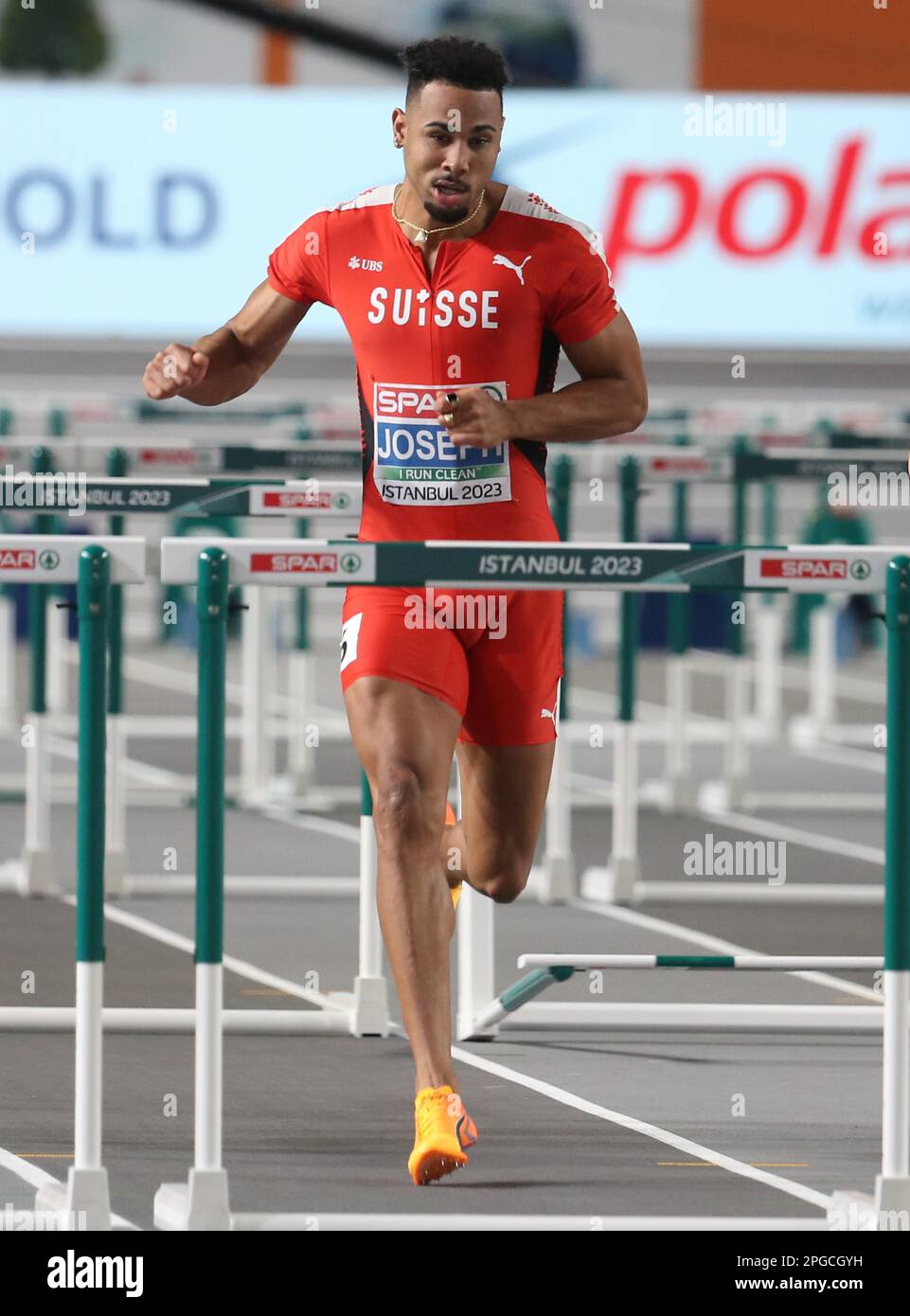 Jason JOSEPH aus der Schweiz 60m Hurdles Men Heat während der European ...