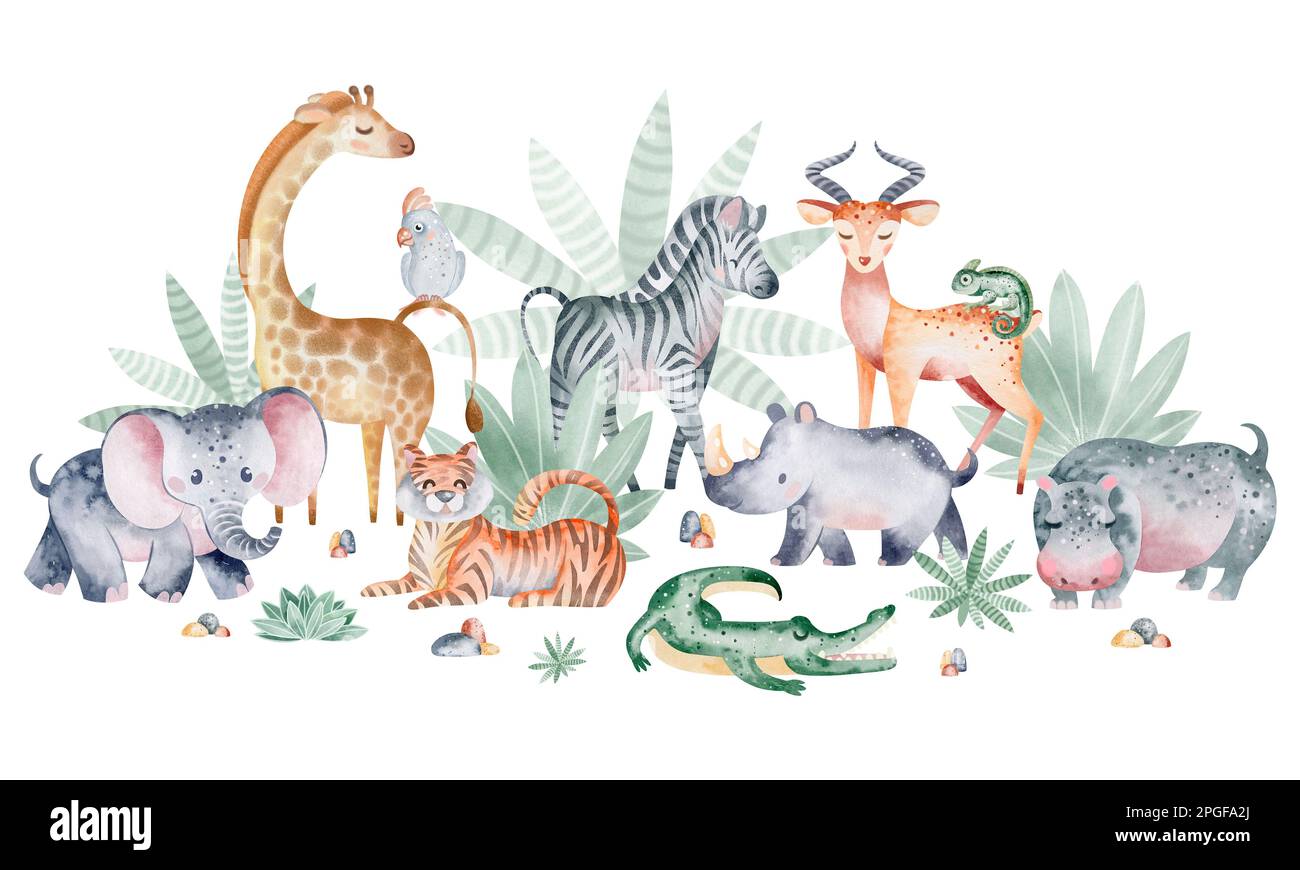 Eine Reihe von Aquarell-Illustrationen von Savannahtieren in der Natur ...