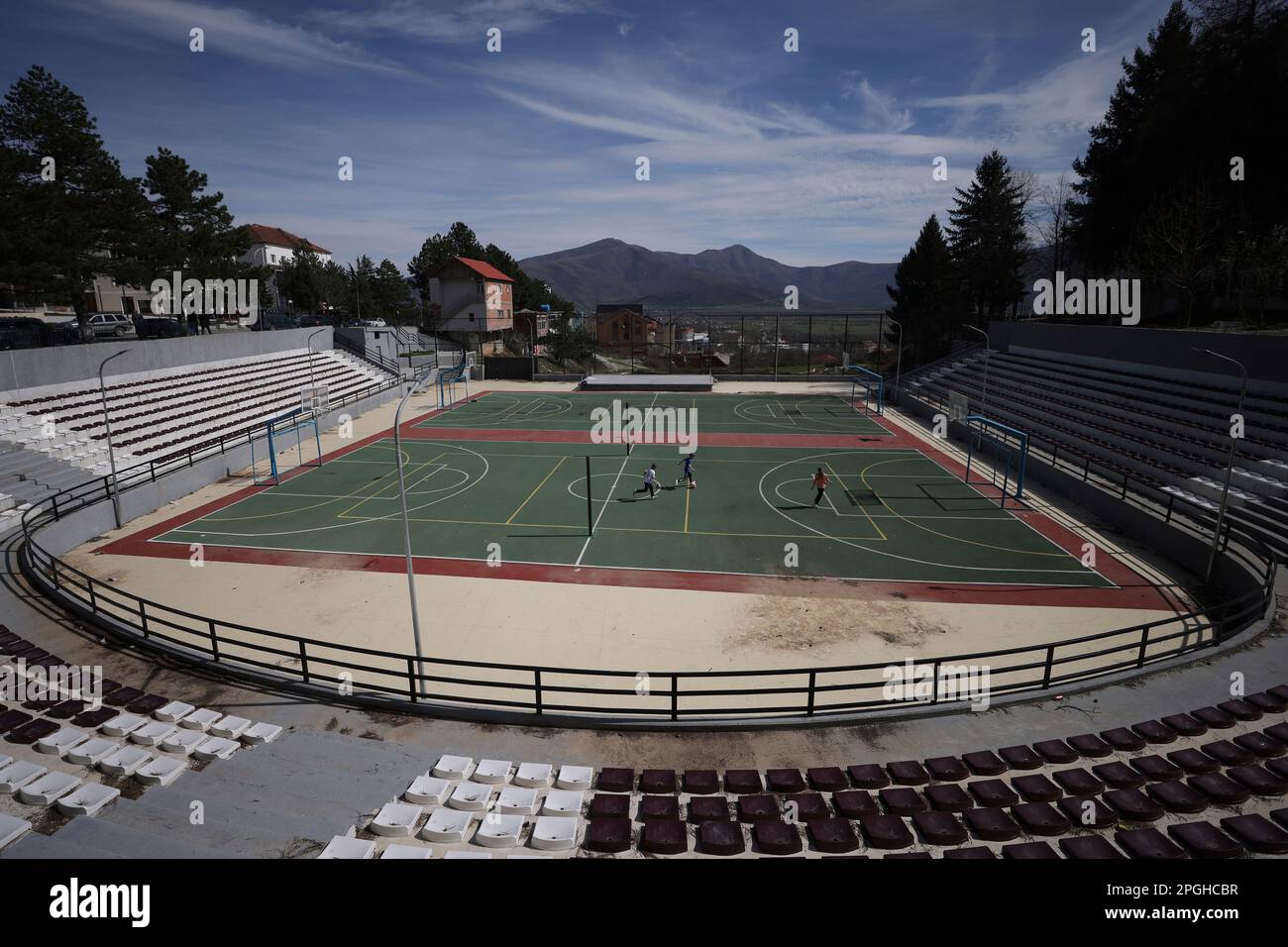 Children play football at a sports field in Bajram Curri town, 240 ...