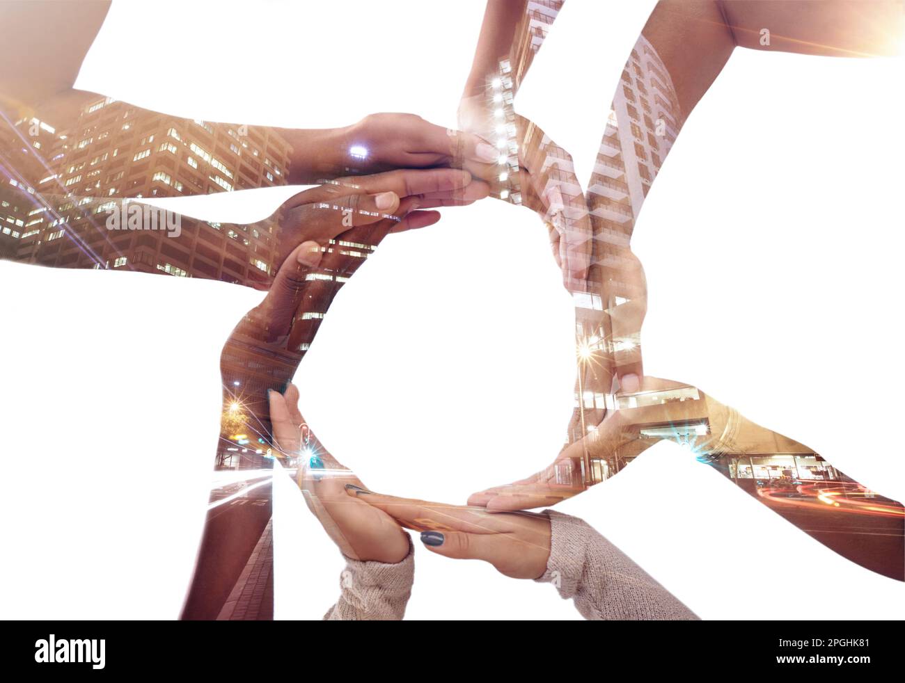 Hände, Kreis und Team mit Verbindung und Unterstützung ...