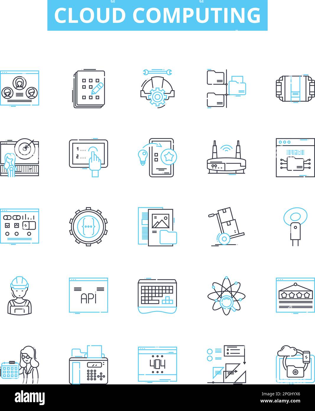 Die Vektorliniensymbole für das Cloud-Computing wurden festgelegt. Cloud, Computing, Speicher ...
