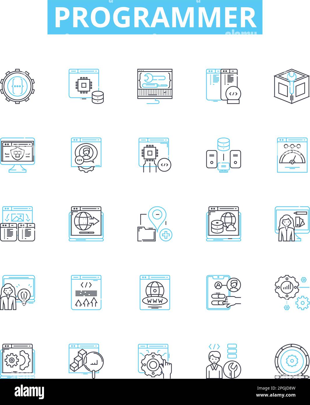 Symbole für Programmierer-Vektorlinien festgelegt. Entwickler, Coder ...
