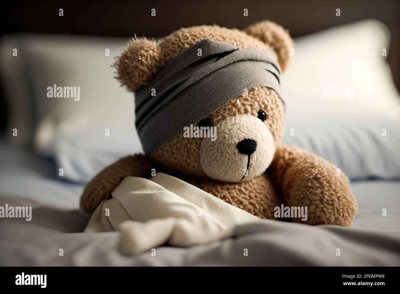 Ein kranker Teddybär mit einem Verband auf dem Kopf liegt im Bett mit ...