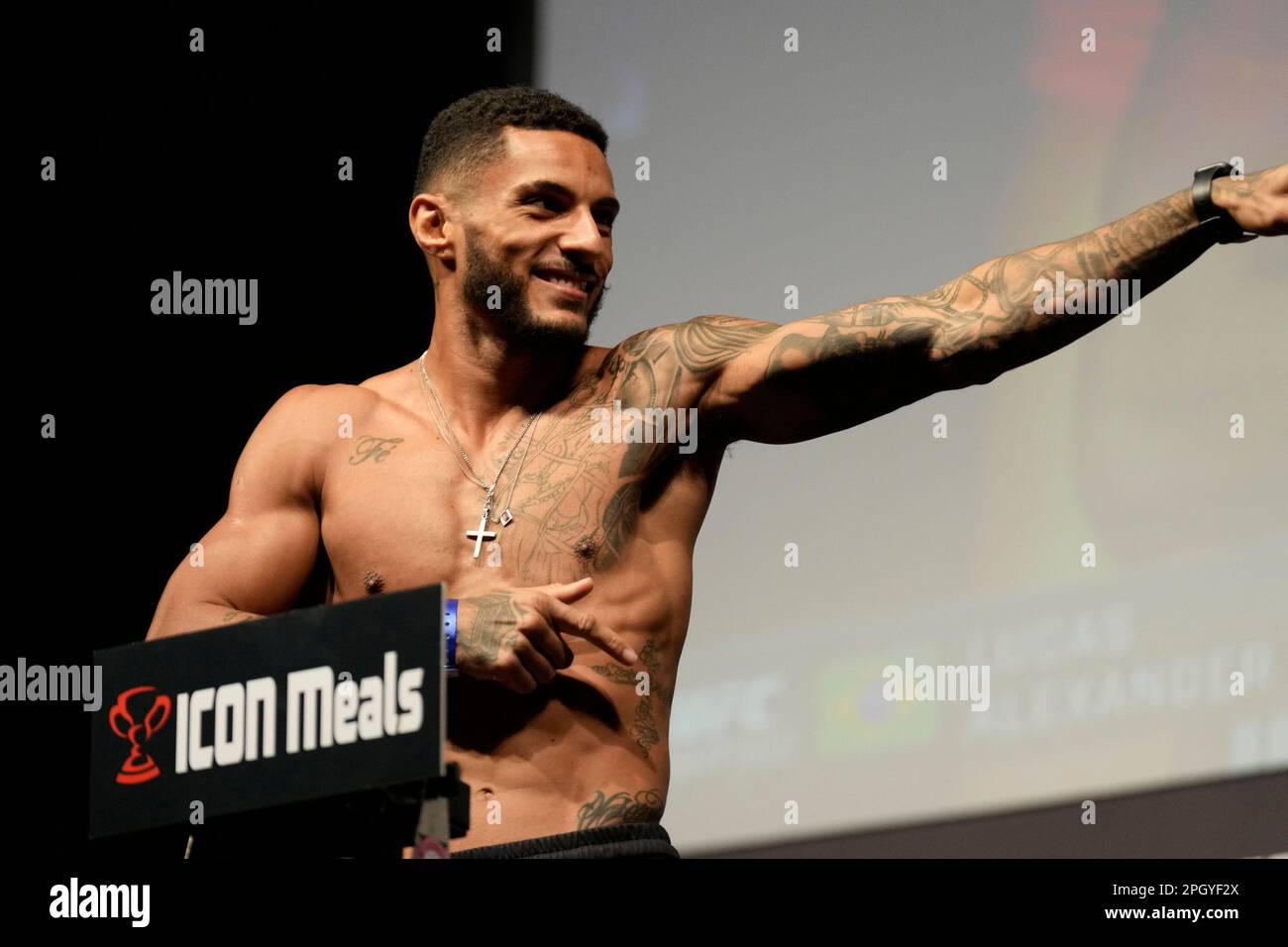 SAN ANTONIO, TEXAS - MARCH 24: Lucas Alexander steps on the scale for ...
