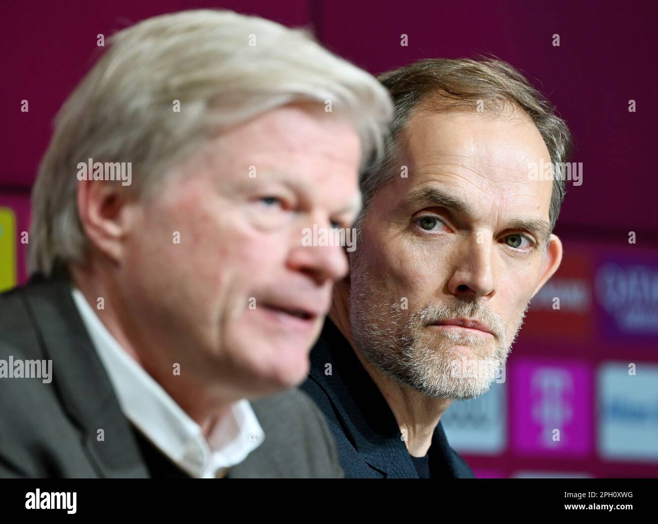 Bayern Munich's new coach Thomas Tuchel sits next to board chairman Oliver Kahn , during a press ...