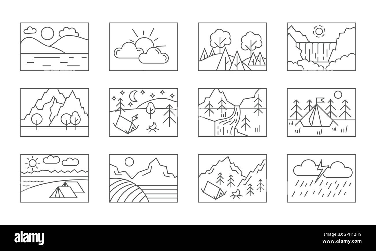 Wald im Freien. Reisesymbole. Naturflugzeuge und Himmelslandschaft ...