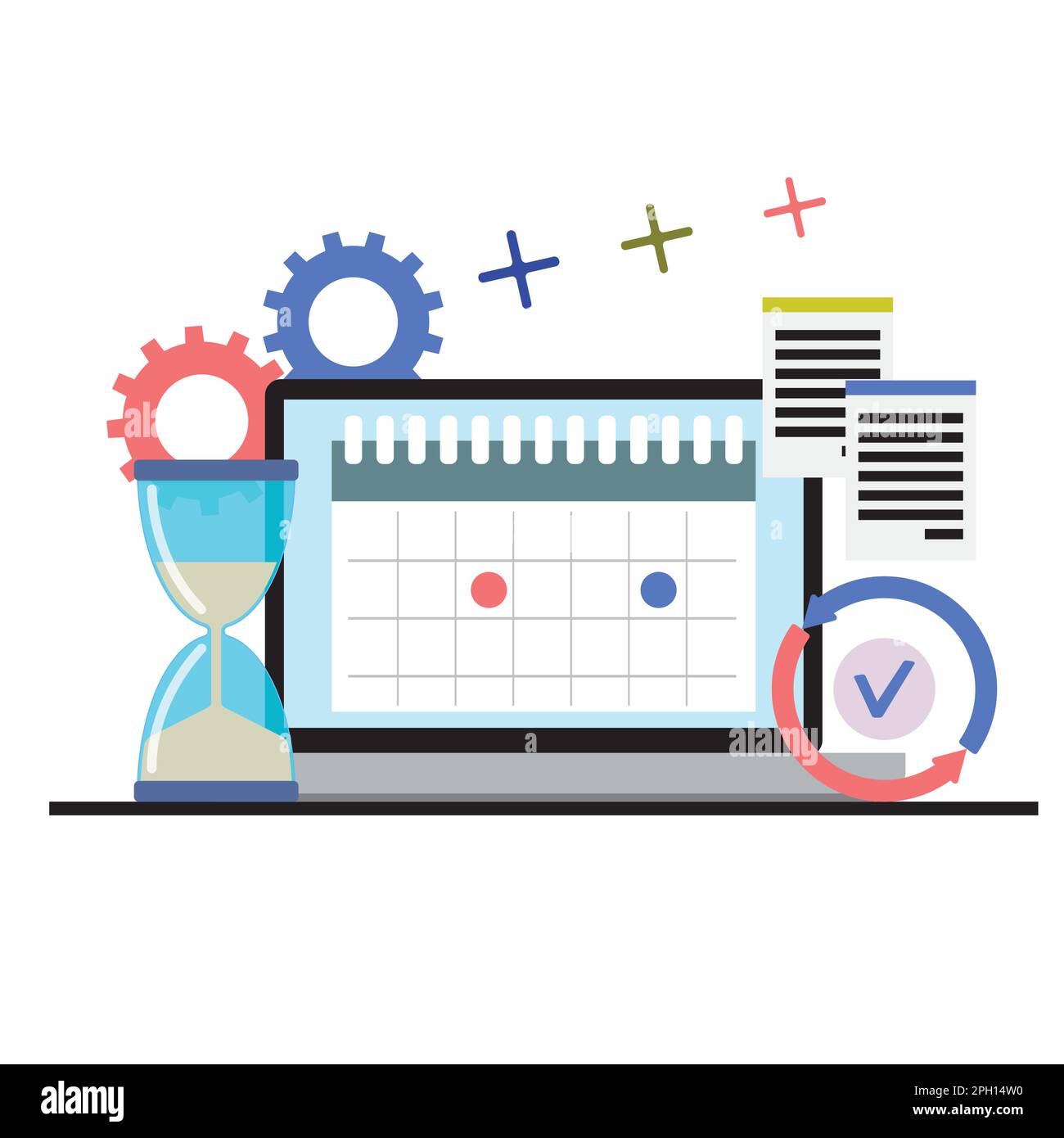 Planen von Zeit auf Laptop, Kalender und Sanduhr, Zeitmanagement ...
