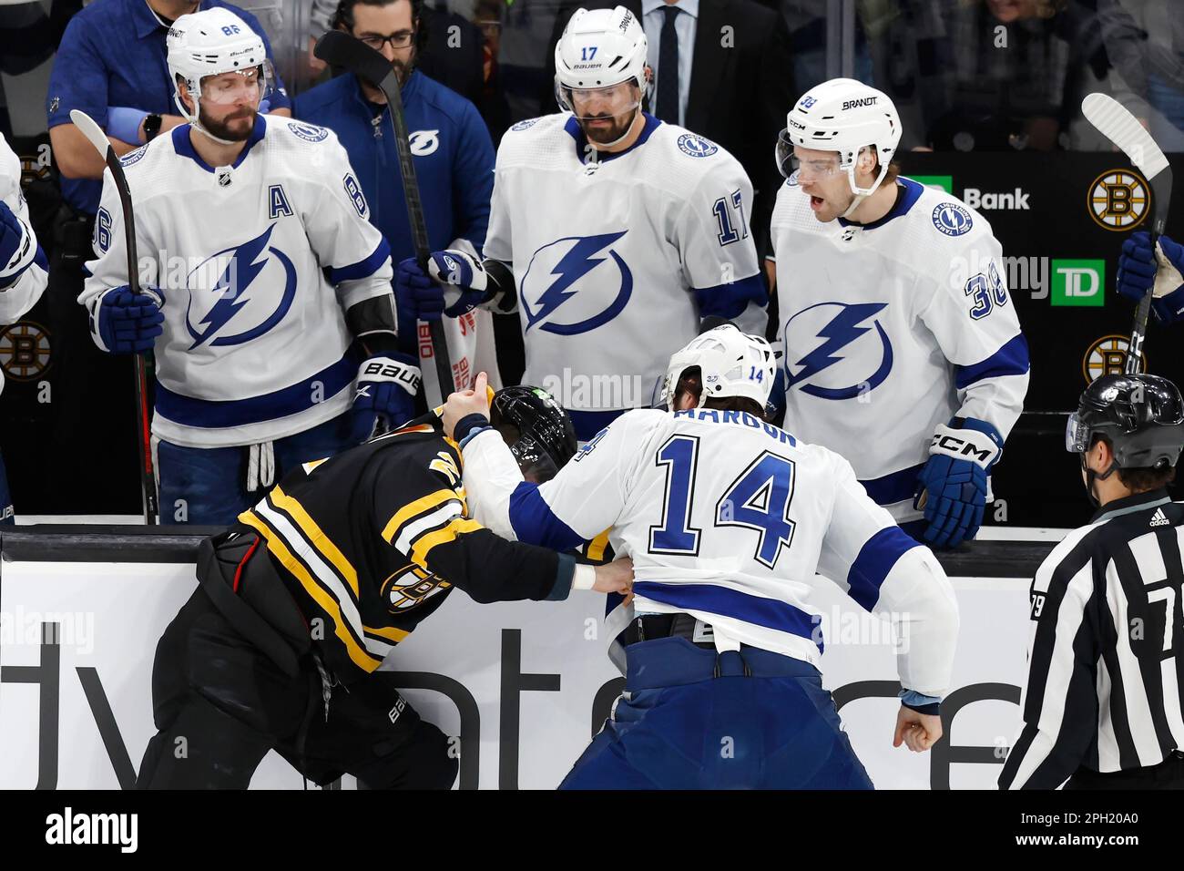 Tampa Bay Lightning's Pat Maroon (14) and Boston Bruins' Garnet ...
