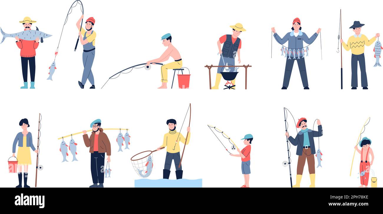 Fischerkarikatur-Set, Action mit Stange und Fischhalden. Fishermen Lake ...