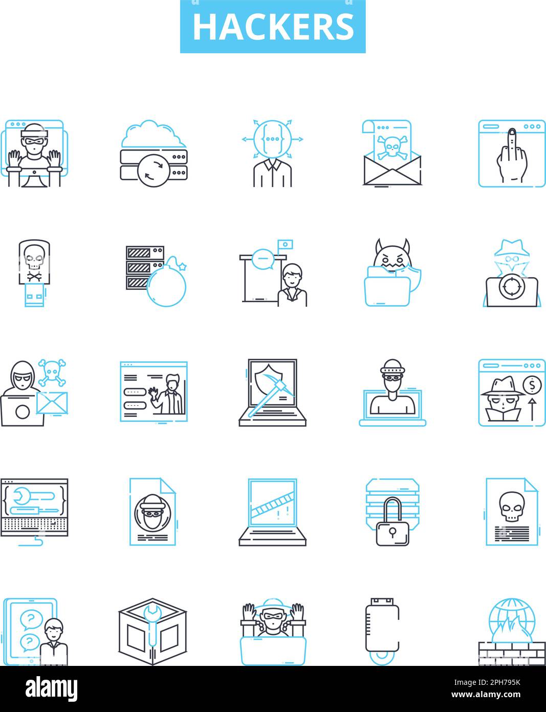 Symbole für Hacker-Vektorlinien gesetzt. Hacking, Cracker, Malware, Virus, Exploit, Phishing ...