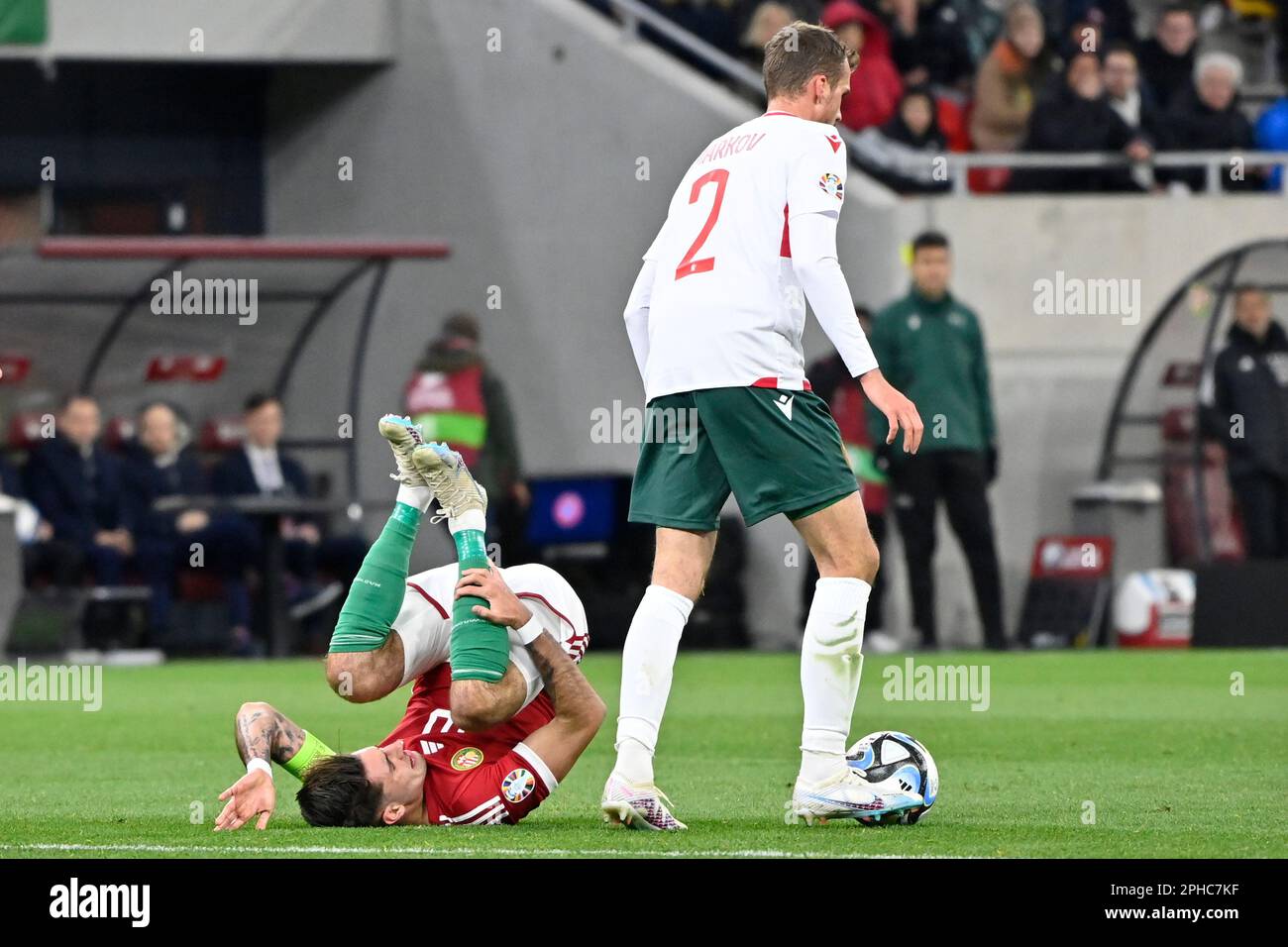 Bulgaria's Ivaylo Markov controls the ball as Hungary's Dominik ...