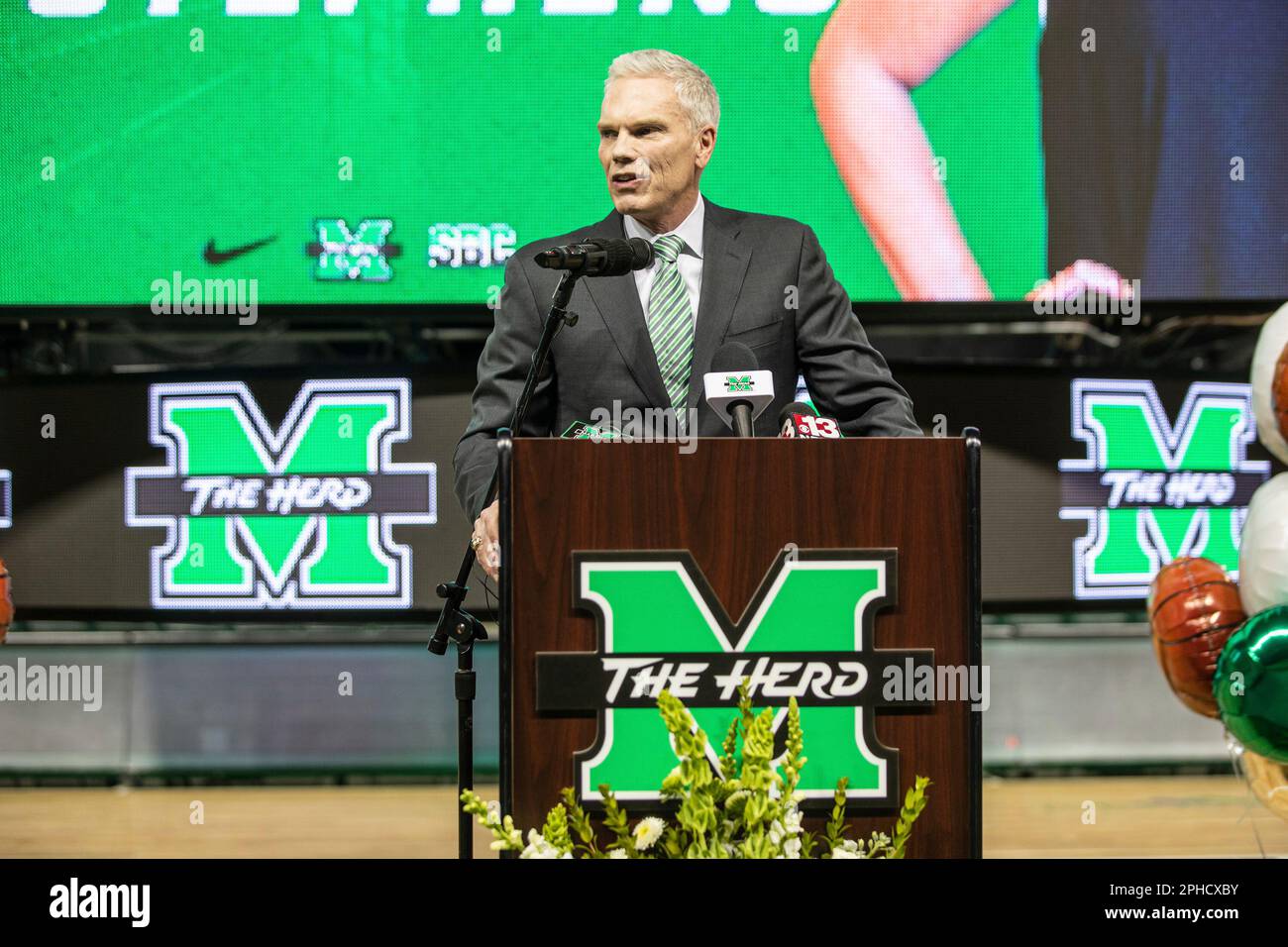 Marshall President Brad D. Smith speaks as Kim Stephens is introduced ...
