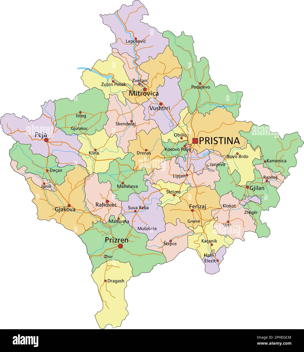 Kosovo - sehr detaillierte, bearbeitbare politische Karte mit ...