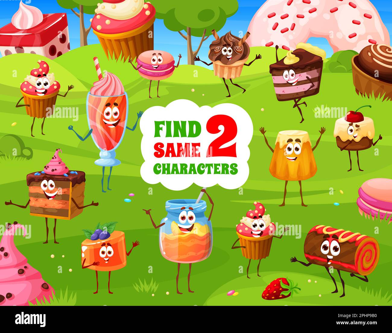 Auf der Wiese gibt es zwei Comic-Charaktere mit süßen Süßigkeiten ...