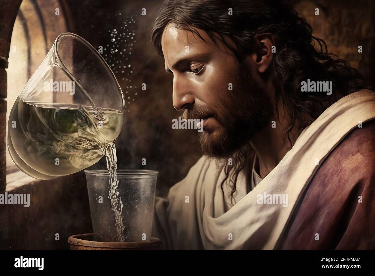Illustration einer Hochzeit in Cana mit Jesus, der Wasser in Wein verwandelt. Die Vermehrung von ...
