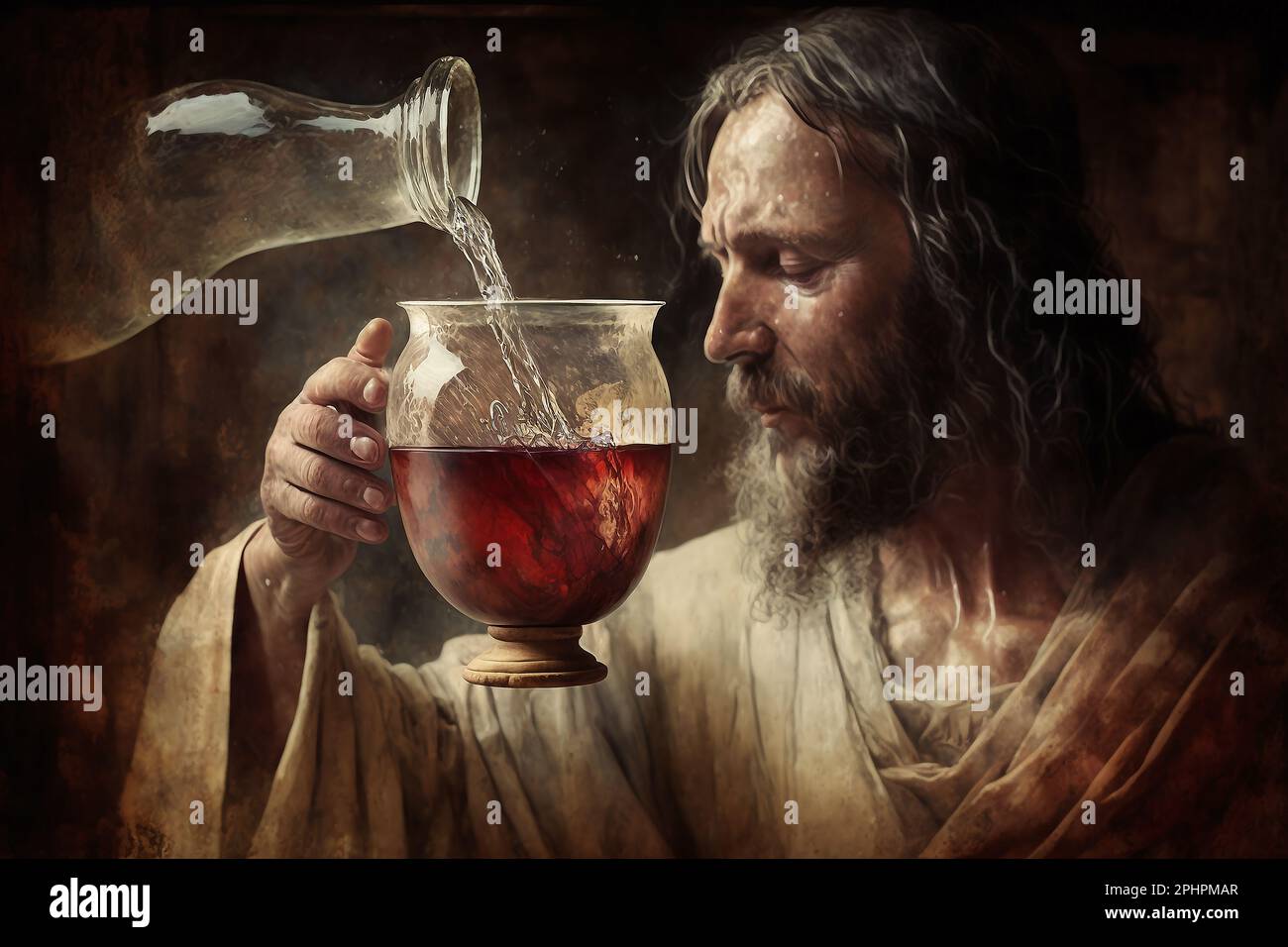 Illustration einer Hochzeit in Cana mit Jesus, der Wasser in Wein verwandelt. Die Vermehrung von ...