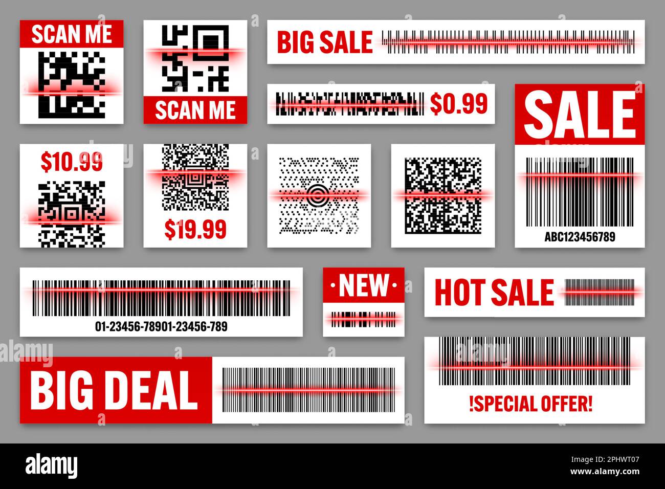 Produkt-Barcodes und QR-Codes mit roter Scanlinie. Verkaufsaufkleber ...