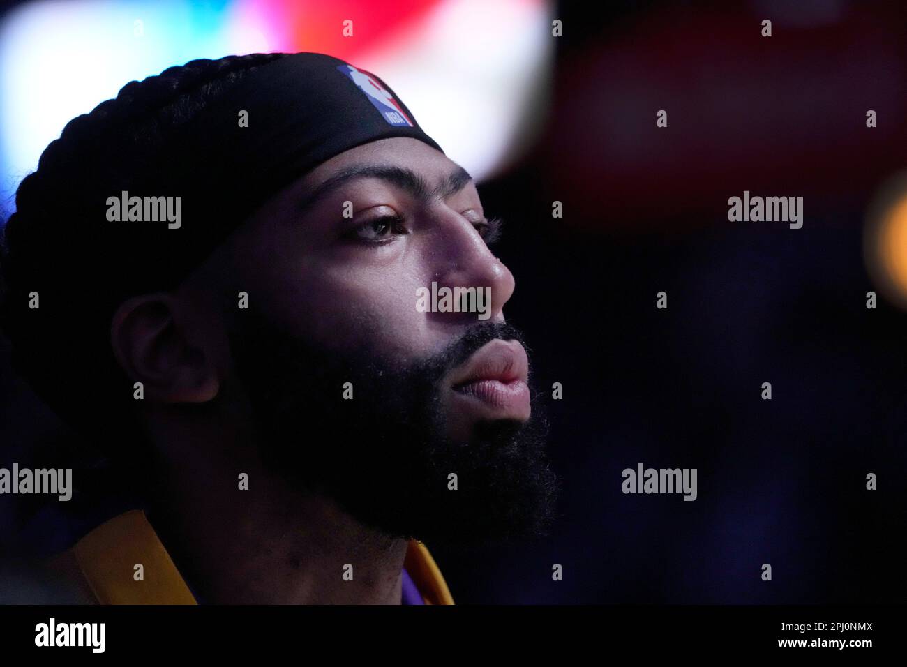 Los Angeles Lakers' Anthony Davis stands for the national anthem before ...