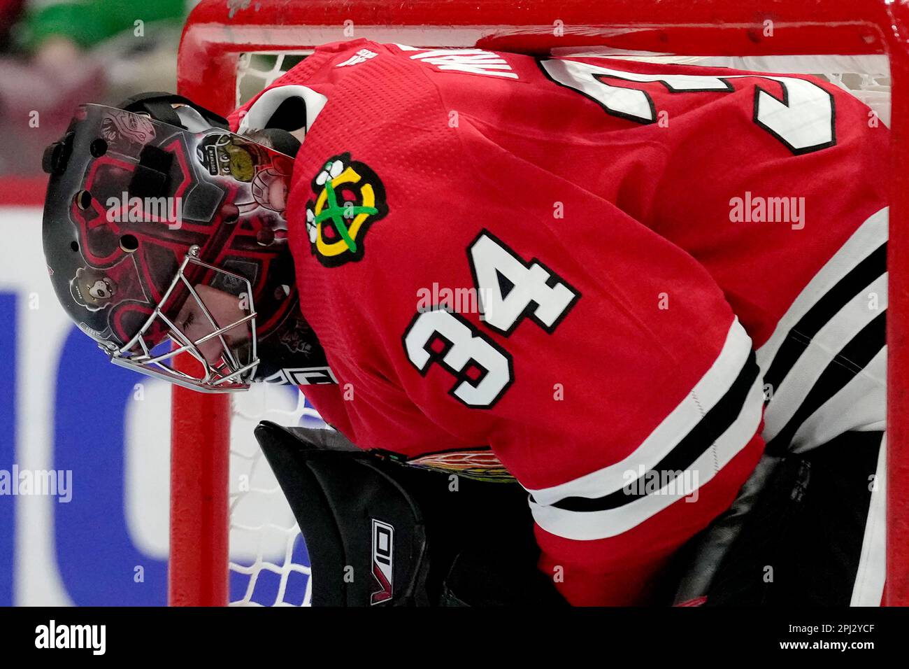 Chicago Blackhawks goaltender Petr Mrazek reacts during the third ...