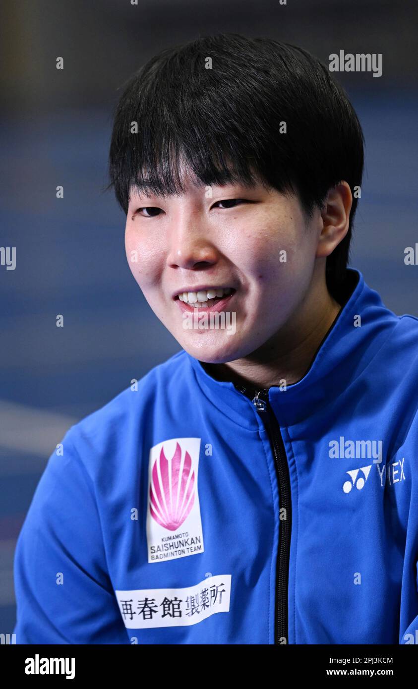 Akane Yamaguchi of Japan poses for photo during an interview in Mashiki Town, Kumamoto ...