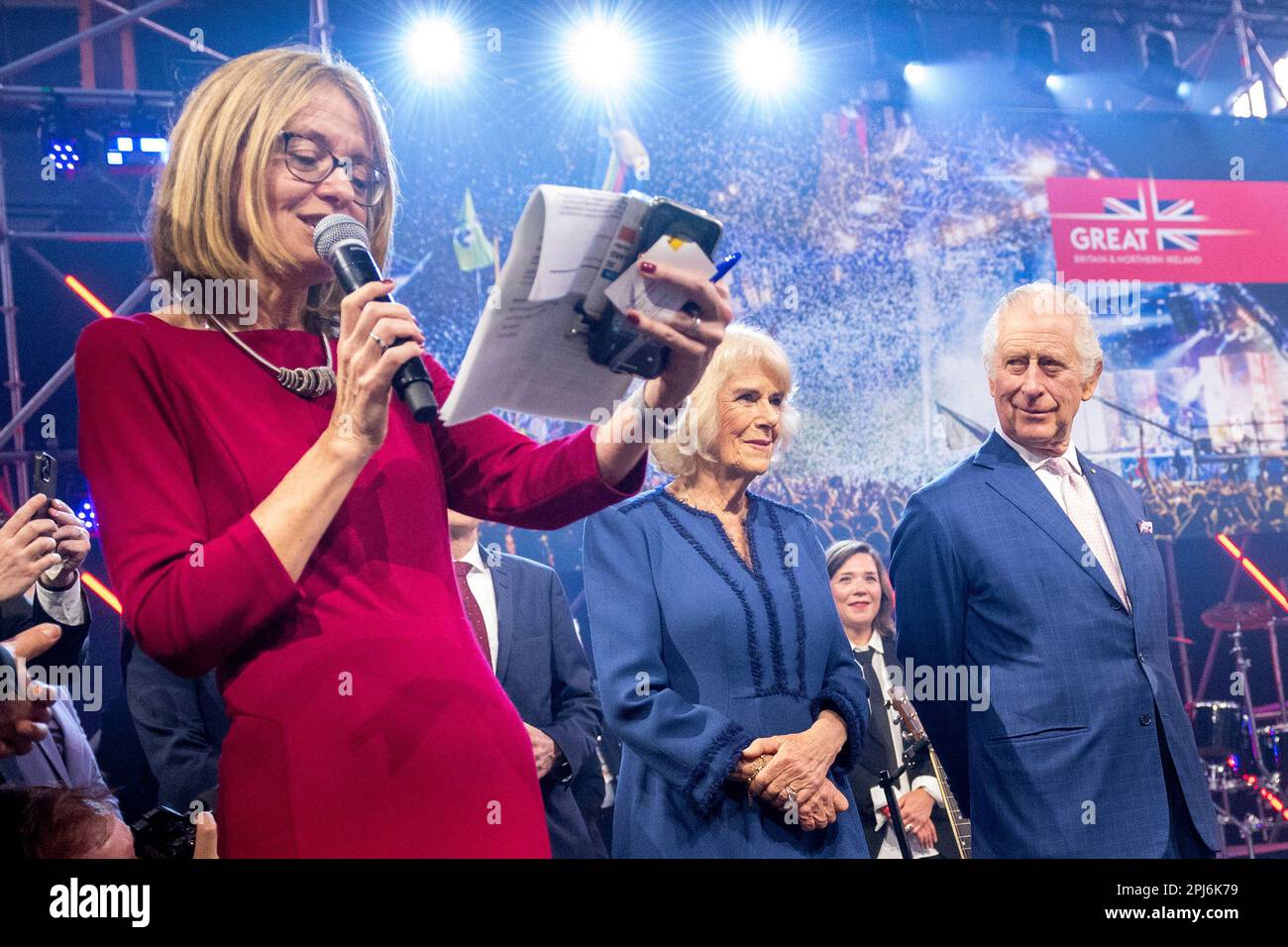 Britain's King Charles III, right, Camilla, the Queen Consort, center ...