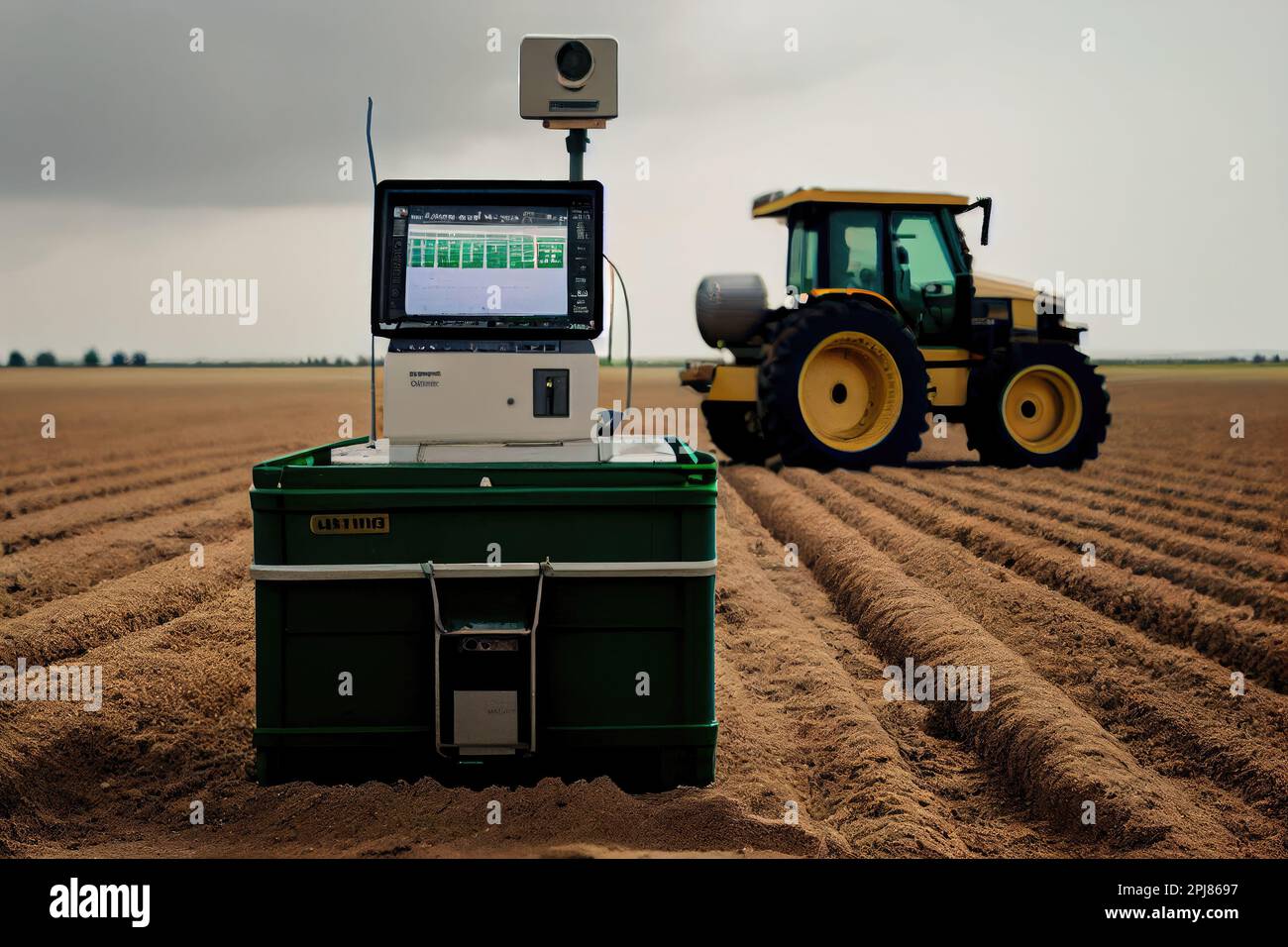 Ein Traktor in der Mitte eines Feldes mit einem Computer auf der Seite und ein Bild eines ...