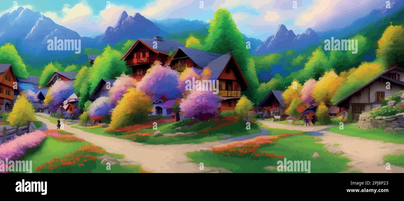 Idyllische Berglandschaft in den alpen mit blühenden Wiesen im Frühling ...